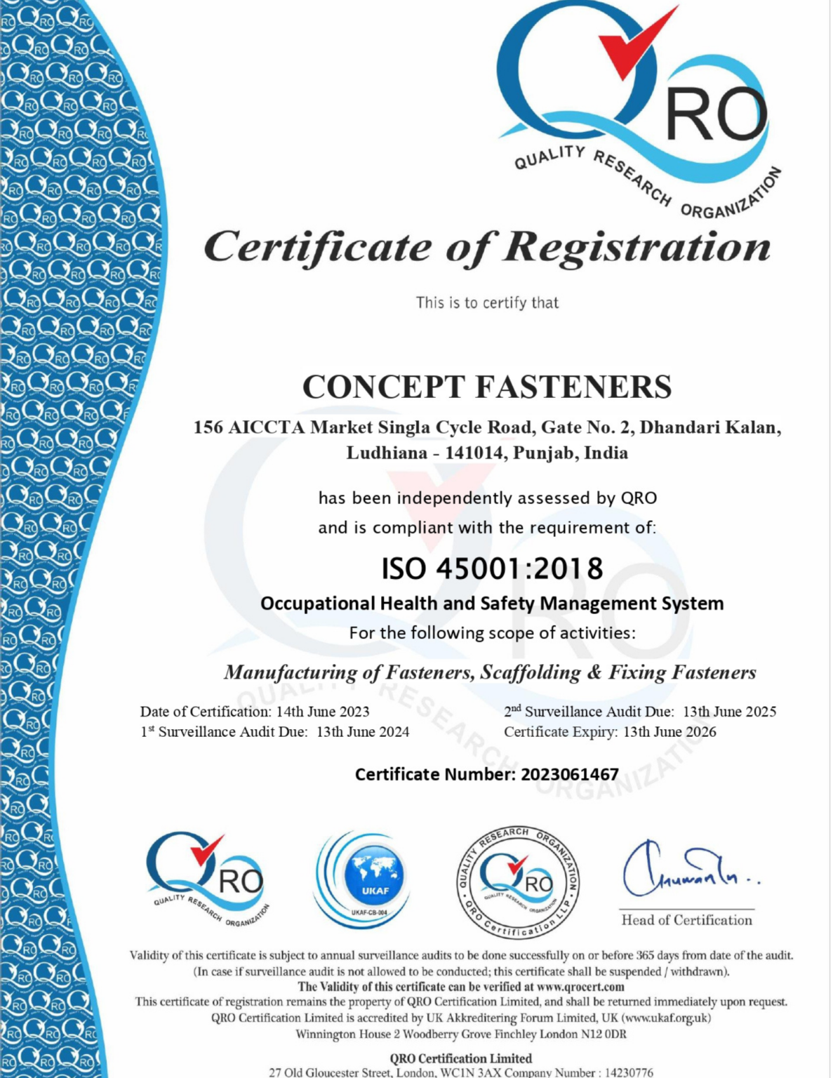 Certifications of Concept Fasteners - conceptfasteners